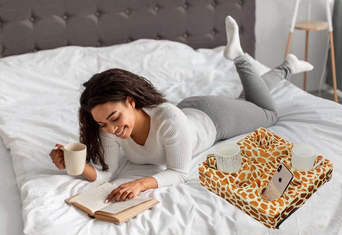 Couch and Bed Cup Holder Pillow, Sofa Refreshment Tray for Drinks/Remote Control/Snacks Holder (Giraffe)