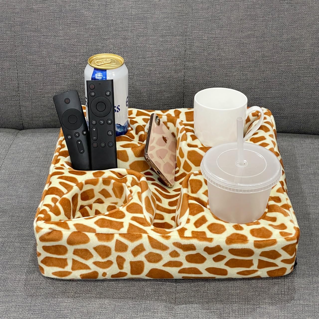 Couch and Bed Cup Holder Pillow, Sofa Refreshment Tray for Drinks/Remote Control/Snacks Holder (Giraffe)