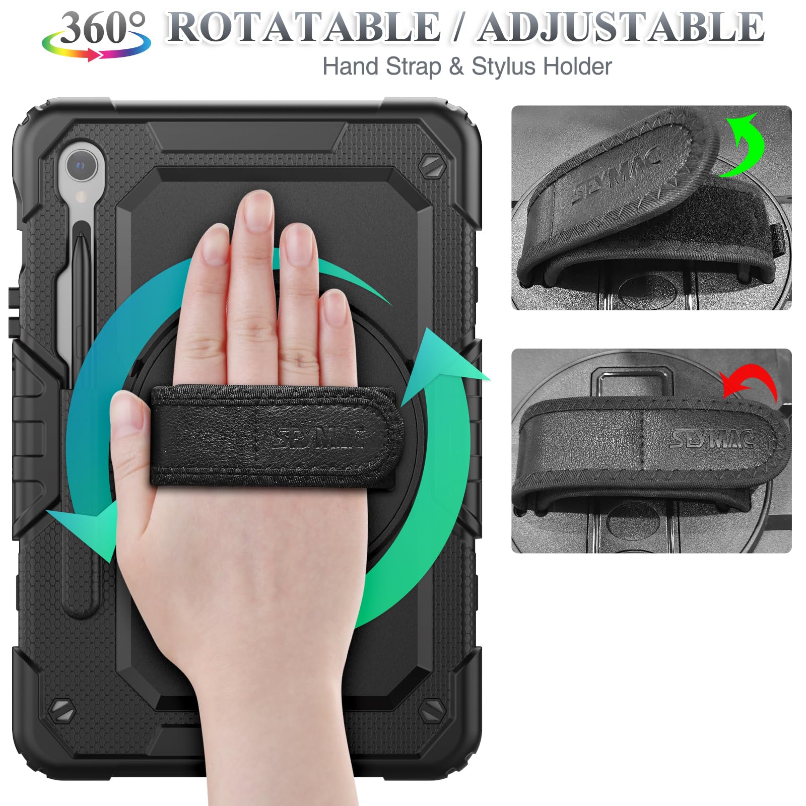 SEYMAC stock Case for Samsung Galaxy Tab S9/ S9 FE 5G Tablet Case with Screen Protector Pencil Holder [360 Rotating Hand Strap] &Stand, Drop-Proof for Galaxy Tab S9 FE 10.9''/ S9 11'', Black1