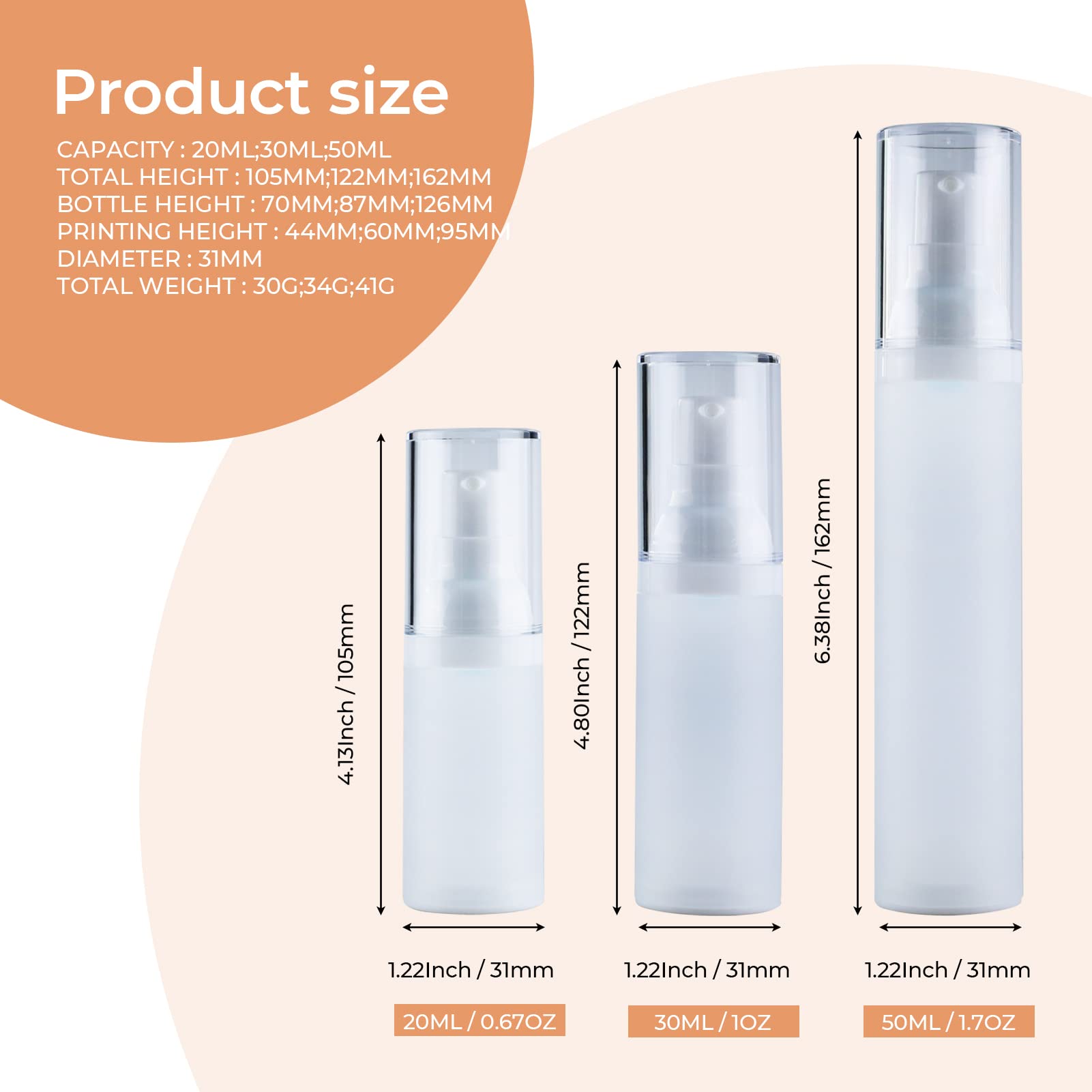 LONGWAY 1oz 30ml Airless Cosmetic Cream Pump Bottle Travel Size Dispenser Refillable Containers/Foundation Travel Pump Bottle for Shampoo(Pack of 6, Frosted Translucent)