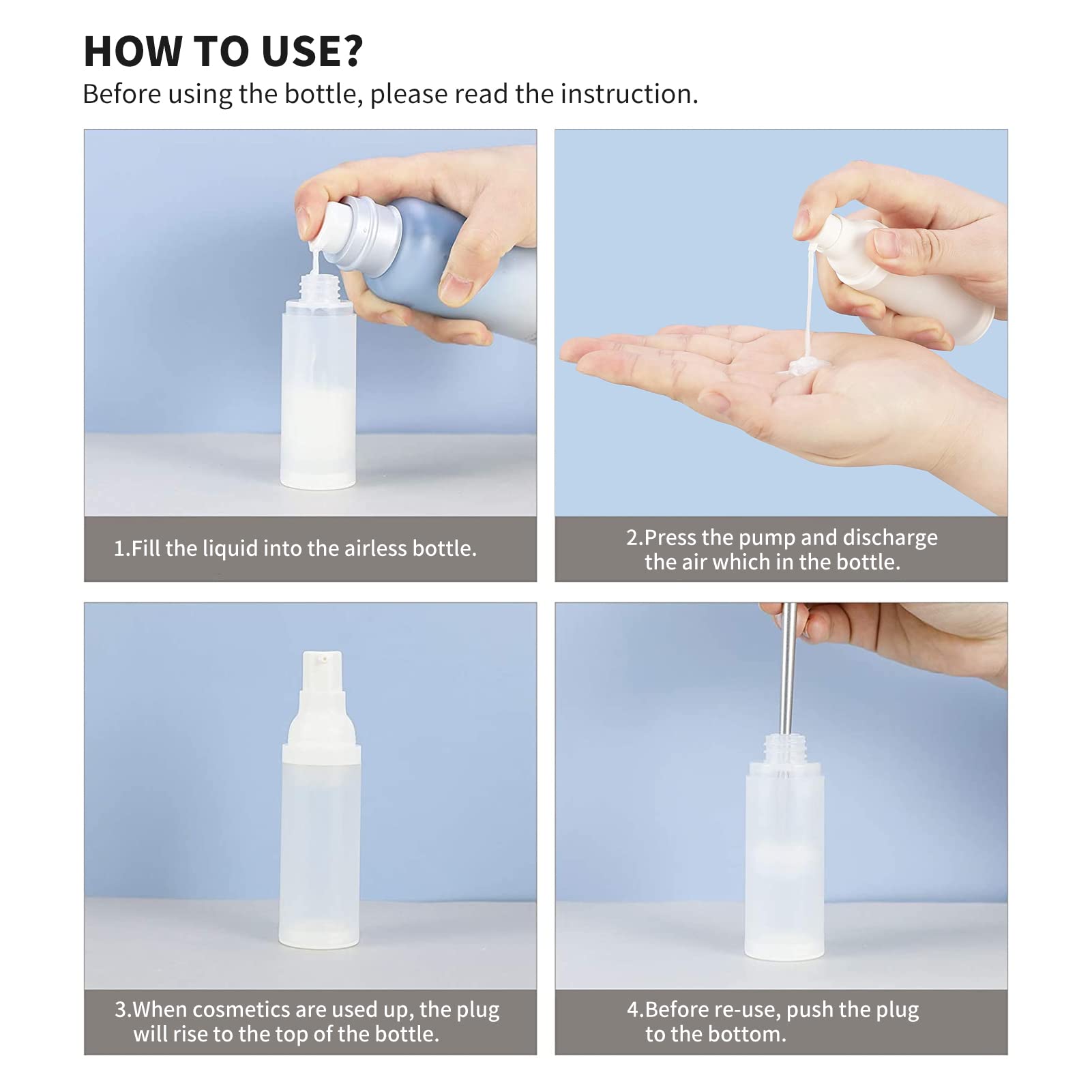 LONGWAY 1oz 30ml Airless Cosmetic Cream Pump Bottle Travel Size Dispenser Refillable Containers/Foundation Travel Pump Bottle for Shampoo(Pack of 6, Frosted Translucent)