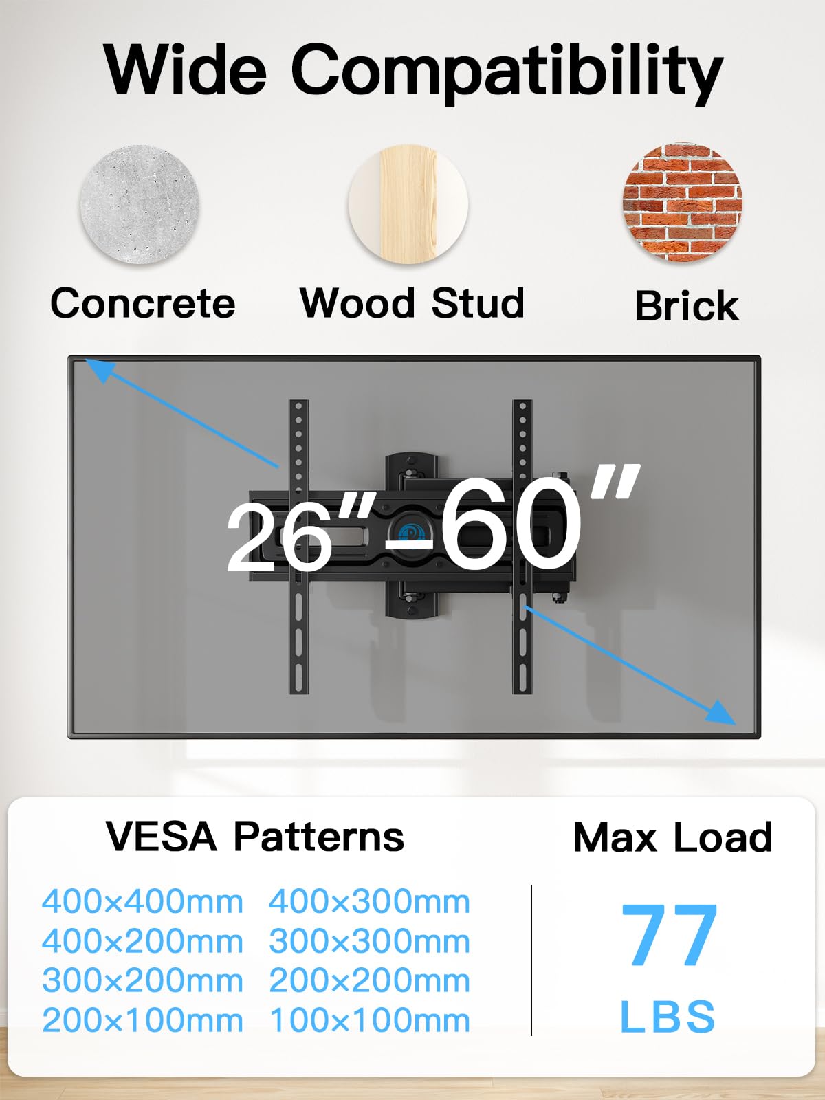 Pipishell Full Motion TV Wall Mount for Most 26-60 inch Flat & Curved TVs up to 77 lbs, Single Articulating Arm, Adjustable Bracket Height, Extension, Max VESA 400x400mm, PIMF9