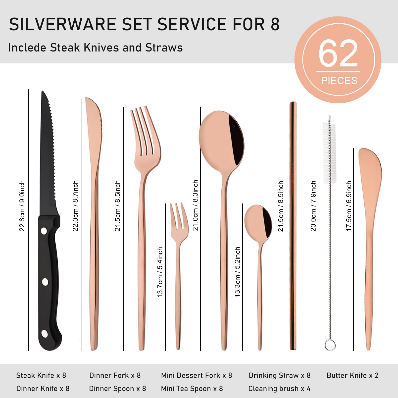 Uniturcky 62-Piece Rose Gold Flatware Set for 8 Stainless Steel Silverware Set with Steak Knives, Plus Reusable Metal Straws and Butter Knives, Party Tableware Cutlery Set, Mirror Polished