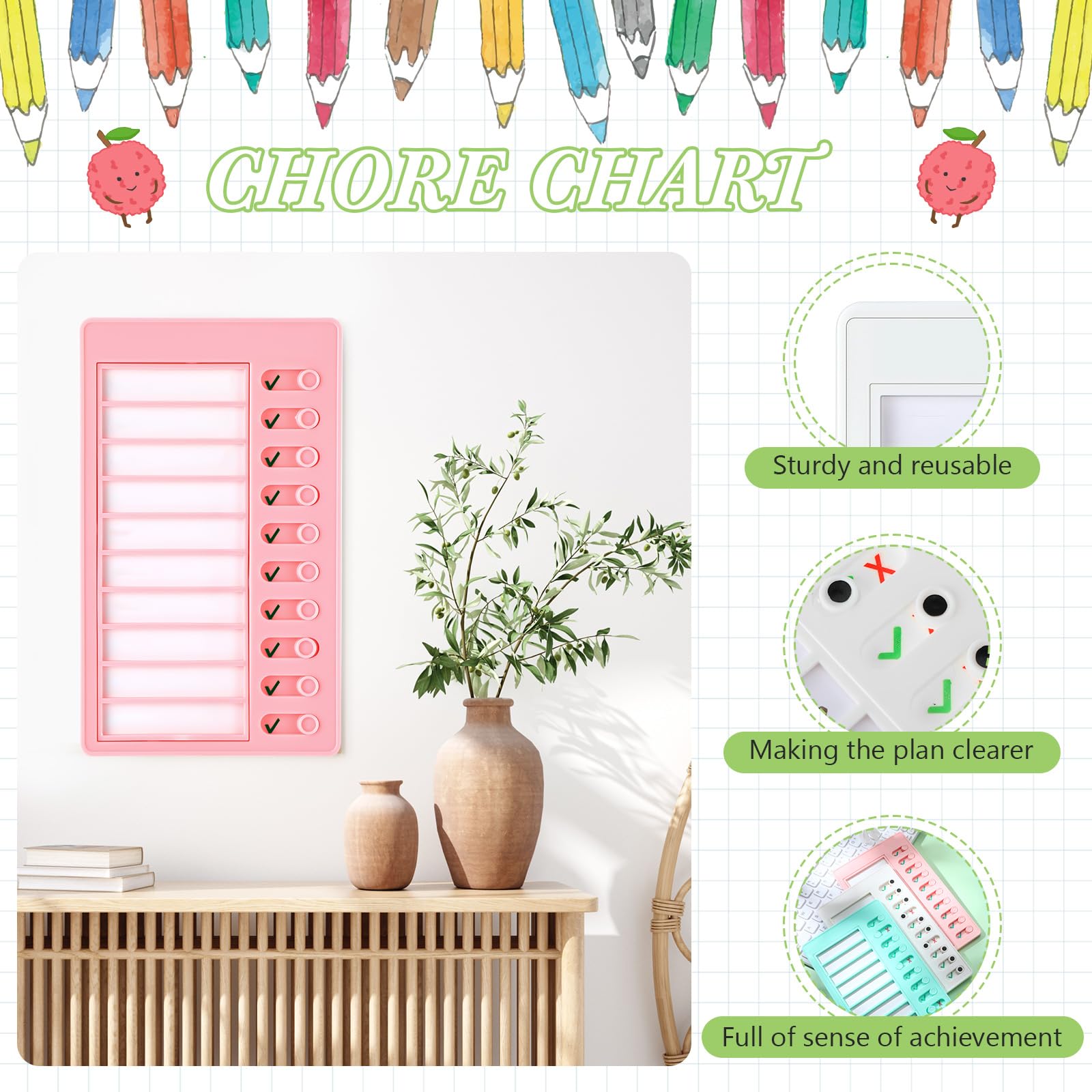 4 Pcs Blank Chore Chart for Kids, Plastic Checklist Board with 8 Detachable Cardstock for Home Routine Planning