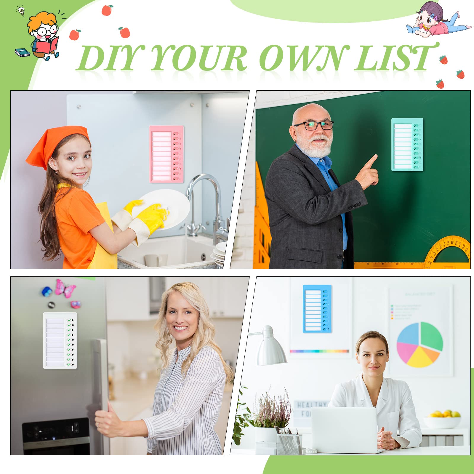 4 Pcs Blank Chore Chart for Kids, Plastic Checklist Board with 8 Detachable Cardstock for Home Routine Planning