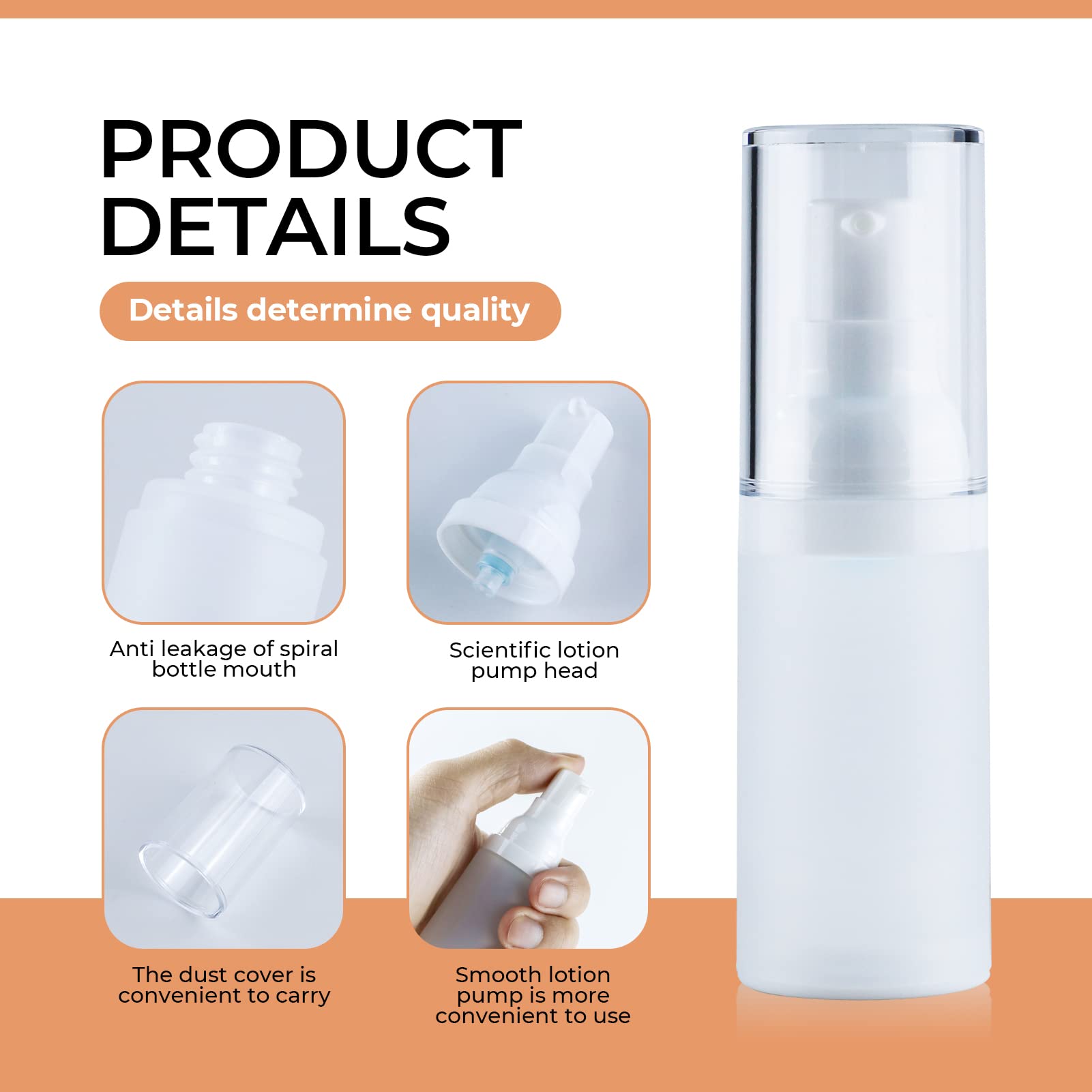 LONGWAY 1oz 30ml Airless Cosmetic Cream Pump Bottle Travel Size Dispenser Refillable Containers/Foundation Travel Pump Bottle for Shampoo(Pack of 6, Frosted Translucent)