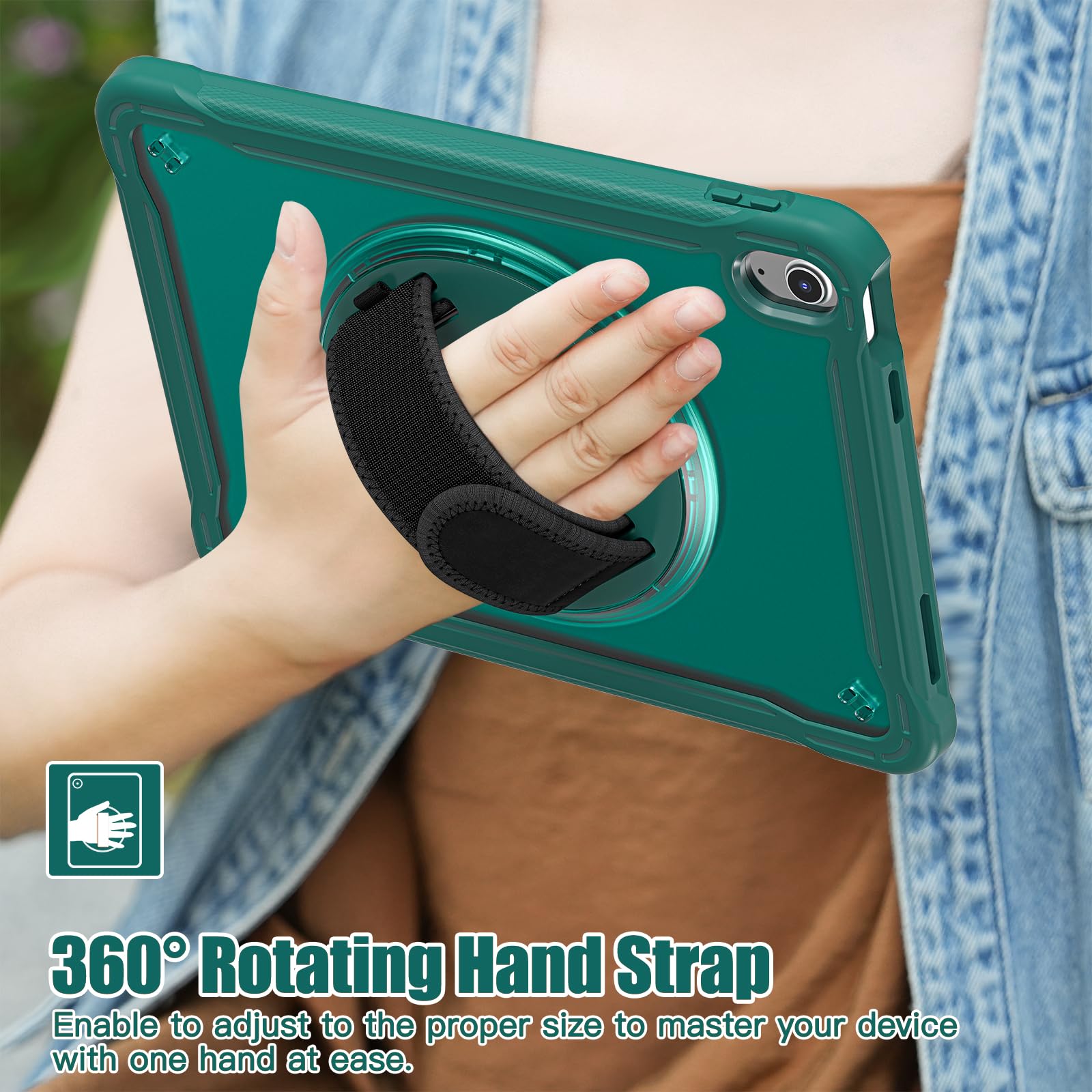 Batianda Case for New iPad 11 2025 A16 Chip/iPad 10th 10.9-inch 2022 Release Heavy Duty Rugged Shockproof Tablet Cover with 360° Rotating Hand Strap Foldable Hidden Stand & Shoulder Strap, Teal