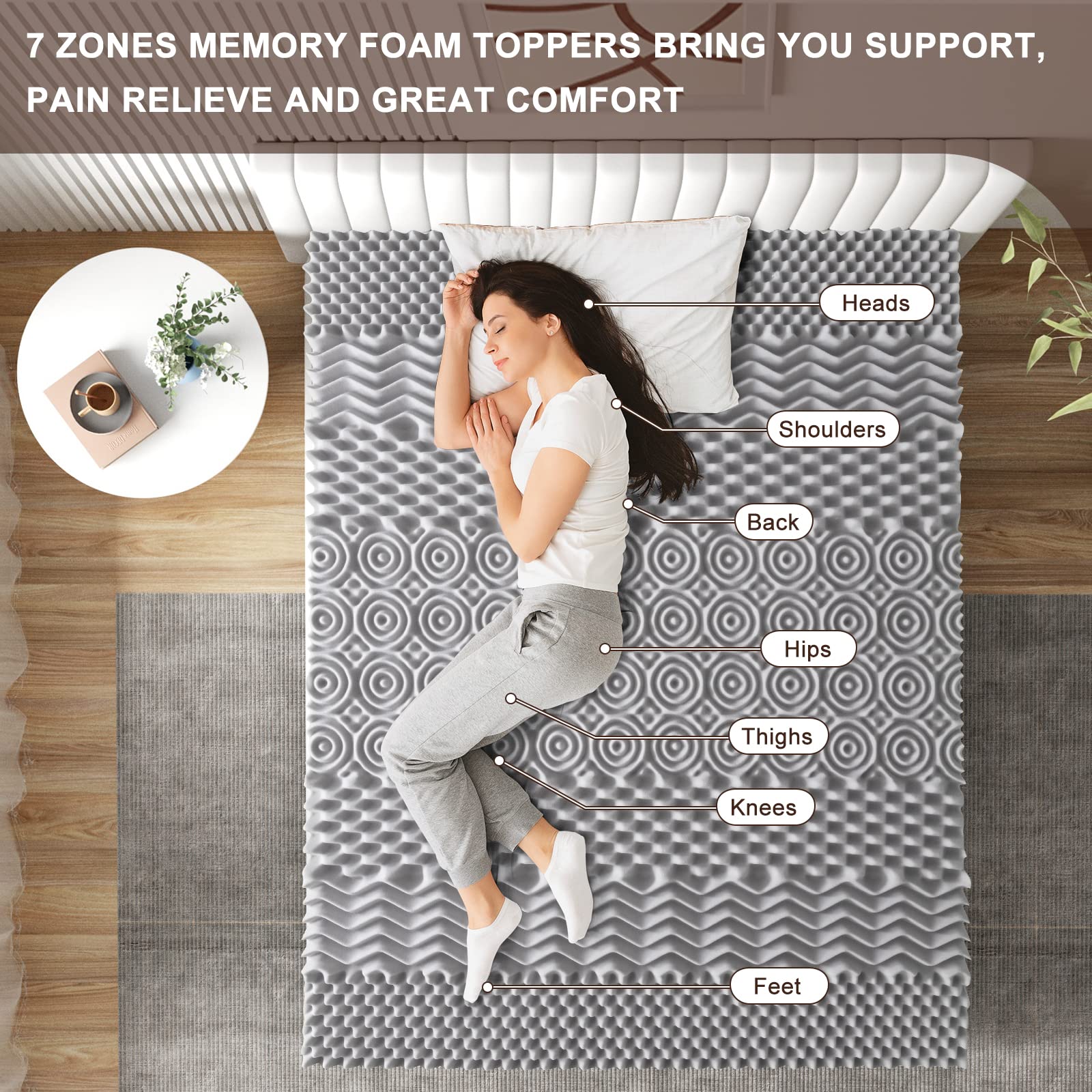 UniPon 4 Inch Egg Crate Memory Foam Mattress Topper, Charcoal Infused Medium Firm Mattress Topper, 7 Zones Foam Bed Topper, CertiPUR-US Certified (Full)