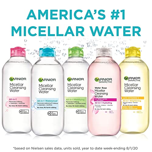 Garnier SkinActive Micellar Water with Rose Water and Glycerin, Facial Cleanser & Makeup Remover, All-in-1 Hydrating, 13.5 fl. oz, 1 count (Packaging May Vary)