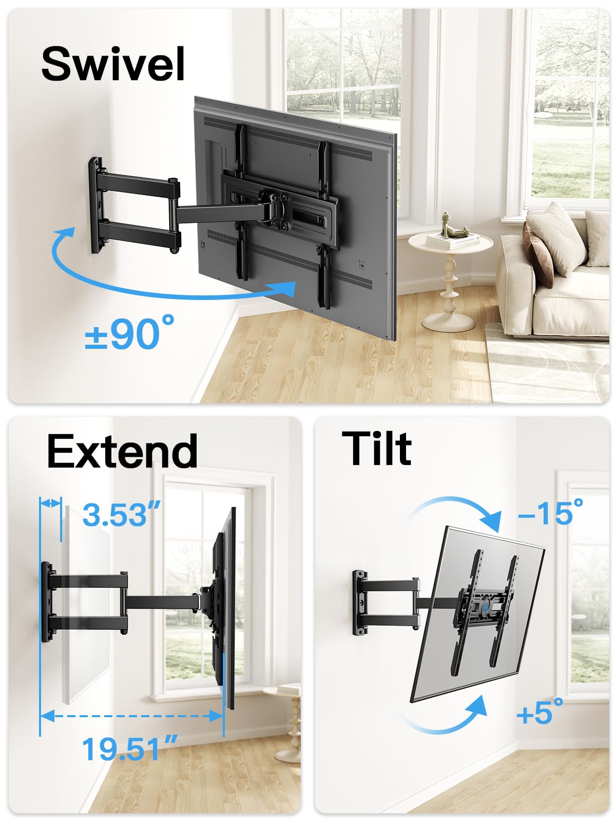 Pipishell Full Motion TV Wall Mount for Most 26-60 inch Flat & Curved TVs up to 77 lbs, Single Articulating Arm, Adjustable Bracket Height, Extension, Max VESA 400x400mm, PIMF9
