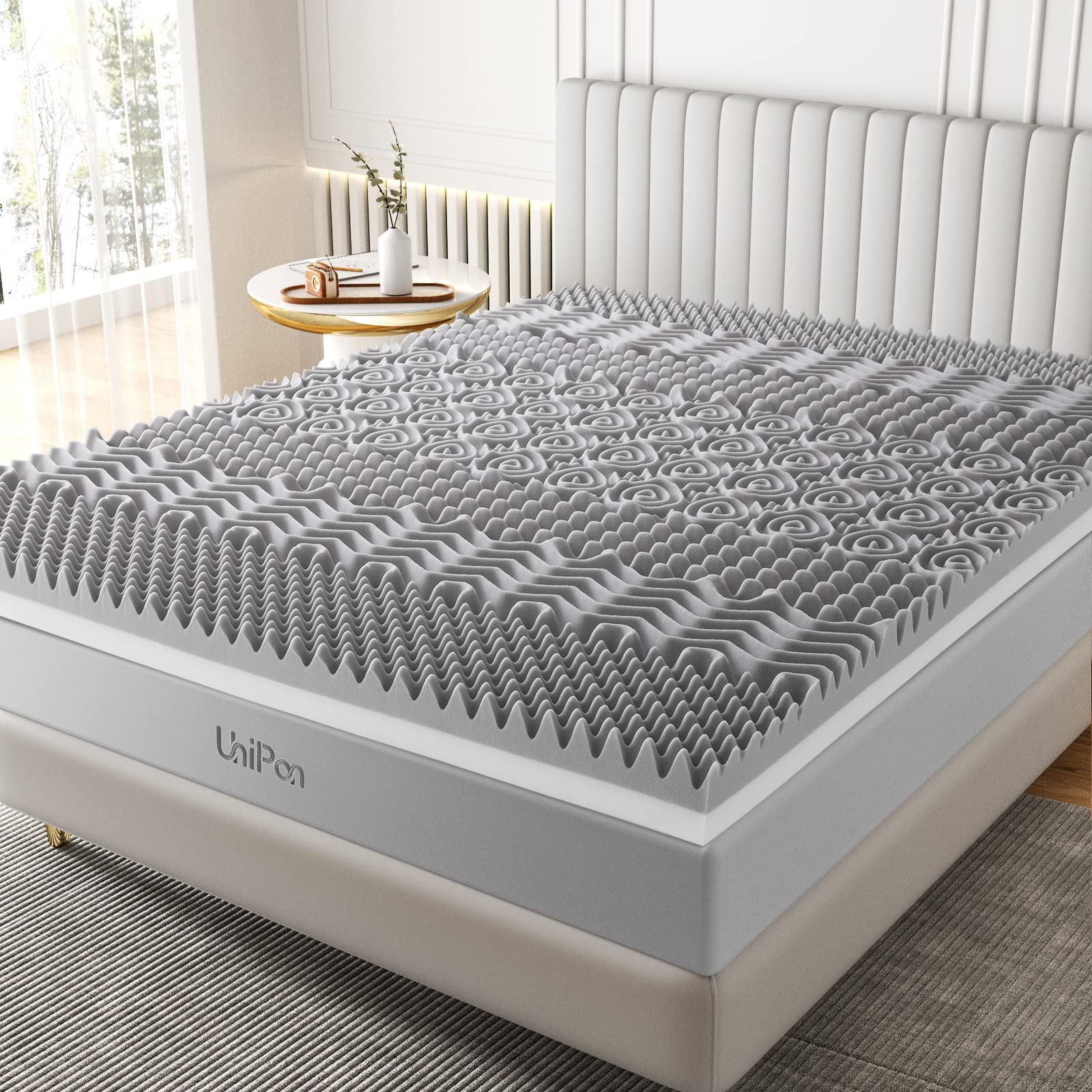 UniPon 4 Inch Egg Crate Memory Foam Mattress Topper, Charcoal Infused Medium Firm Mattress Topper, 7 Zones Foam Bed Topper, CertiPUR-US Certified (Full)