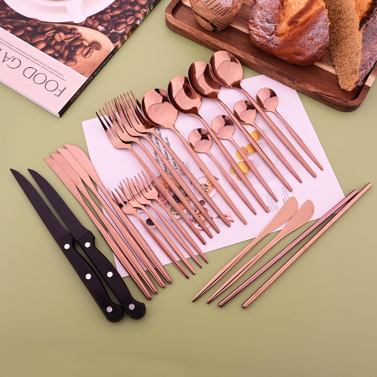 Uniturcky 62-Piece Rose Gold Flatware Set for 8 Stainless Steel Silverware Set with Steak Knives, Plus Reusable Metal Straws and Butter Knives, Party Tableware Cutlery Set, Mirror Polished