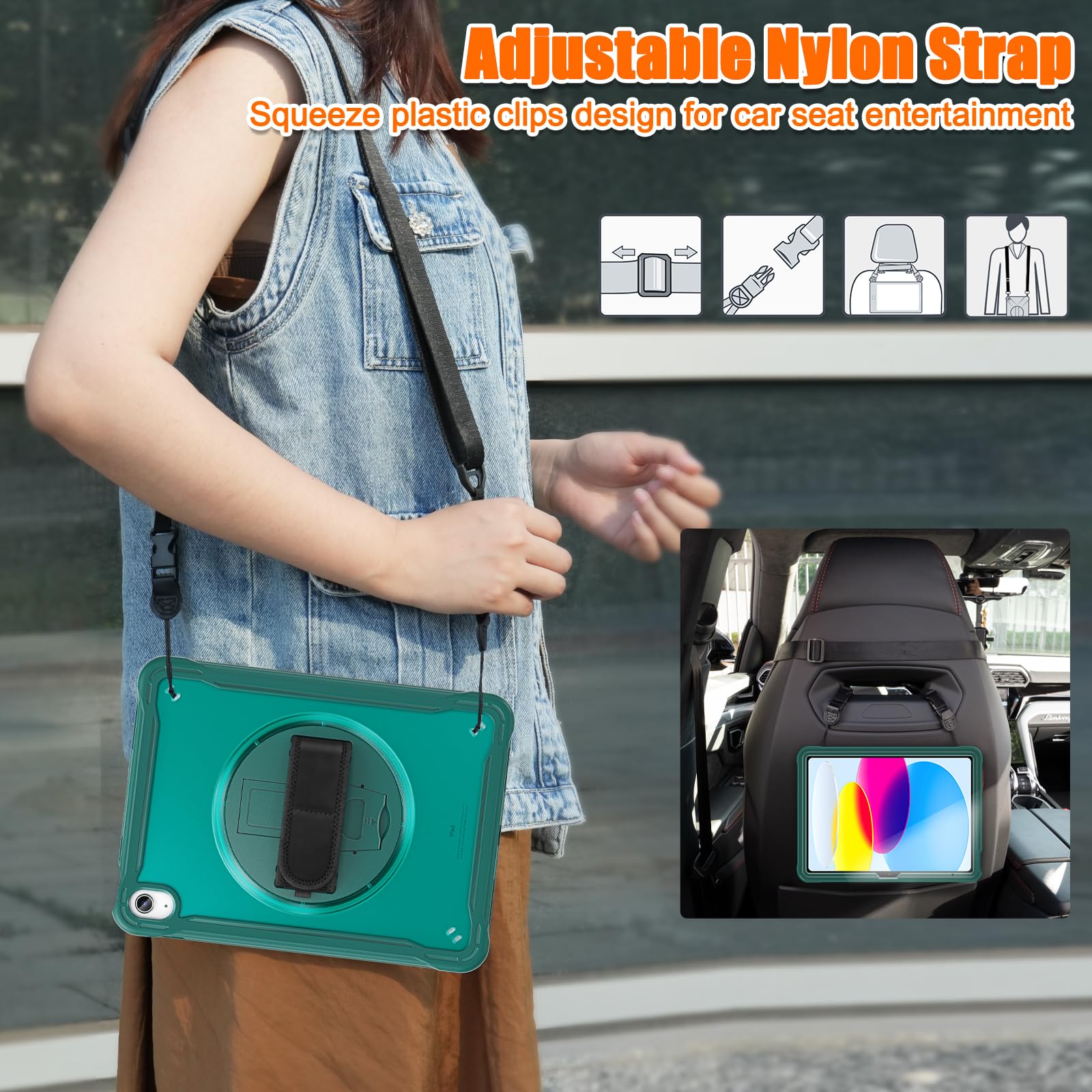 Batianda Case for New iPad 11 2025 A16 Chip/iPad 10th 10.9-inch 2022 Release Heavy Duty Rugged Shockproof Tablet Cover with 360° Rotating Hand Strap Foldable Hidden Stand & Shoulder Strap, Teal