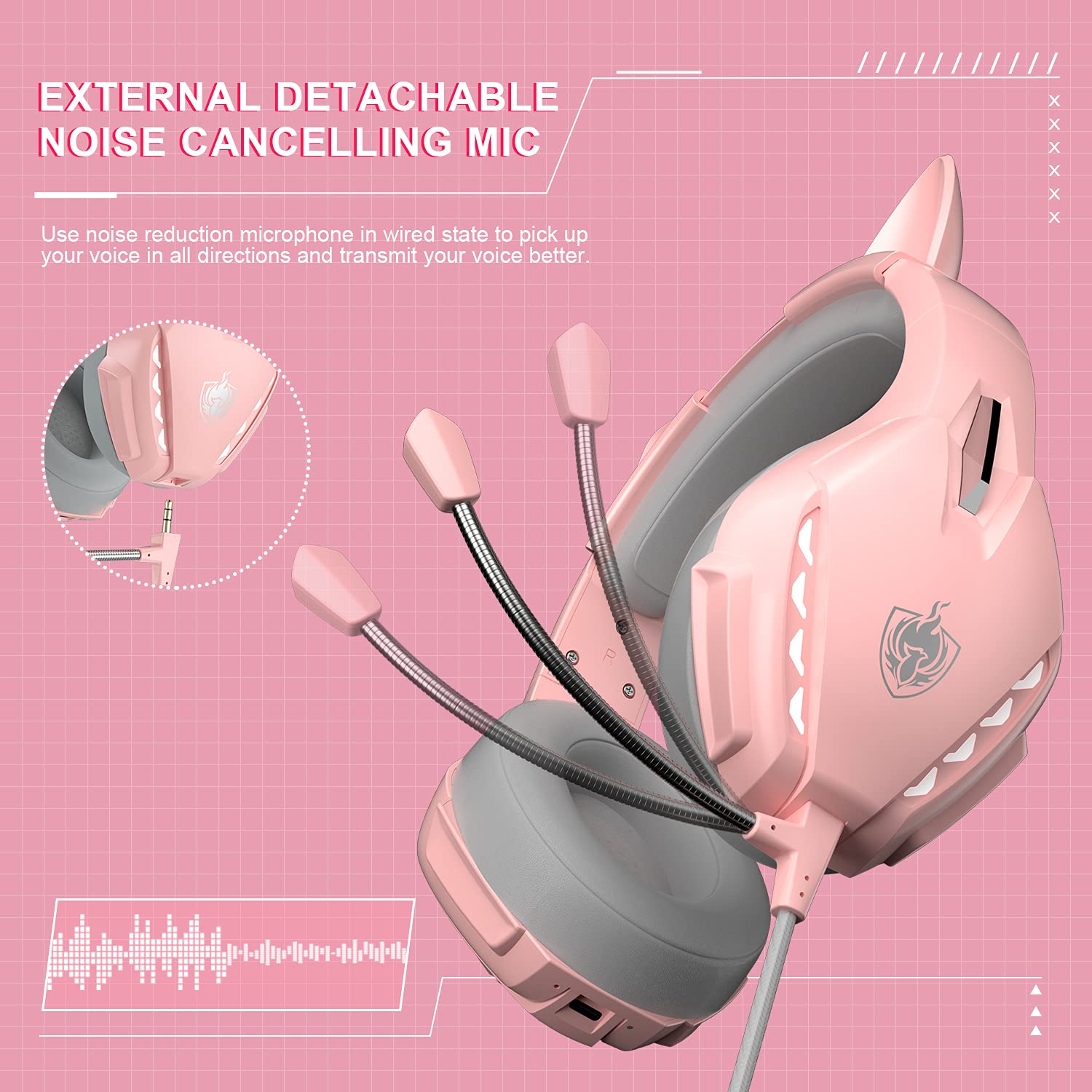 PHOINIKAS PS5 Gaming Headset for PS4, PC, Switch, Q10 Xbox One Headset with Stereo Sound, Detachable Mic, Wireless Bluetooth 5.3 Headphone only for Laptop/Phone/Tablet, 40H Plyatime (Pink)