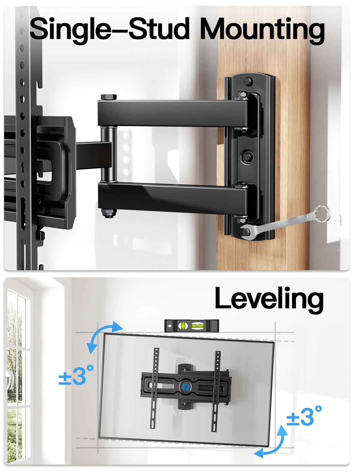 Pipishell Full Motion TV Wall Mount for Most 26-60 inch Flat & Curved TVs up to 77 lbs, Single Articulating Arm, Adjustable Bracket Height, Extension, Max VESA 400x400mm, PIMF9