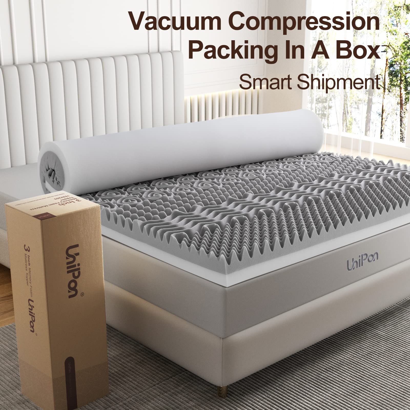 UniPon 4 Inch Egg Crate Memory Foam Mattress Topper, Charcoal Infused Medium Firm Mattress Topper, 7 Zones Foam Bed Topper, CertiPUR-US Certified (Full)