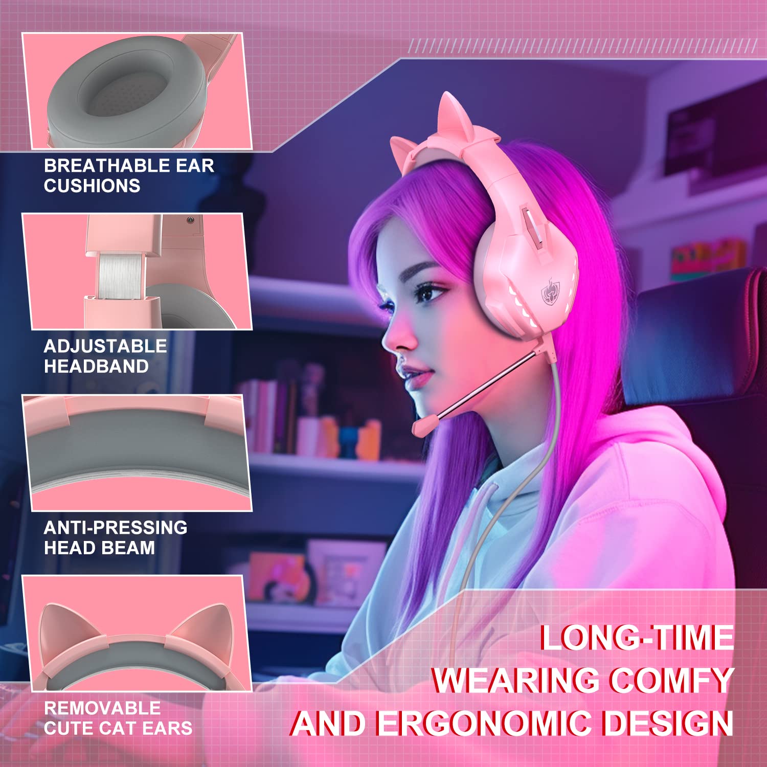 PHOINIKAS PS5 Gaming Headset for PS4, PC, Switch, Q10 Xbox One Headset with Stereo Sound, Detachable Mic, Wireless Bluetooth 5.3 Headphone only for Laptop/Phone/Tablet, 40H Plyatime (Pink)