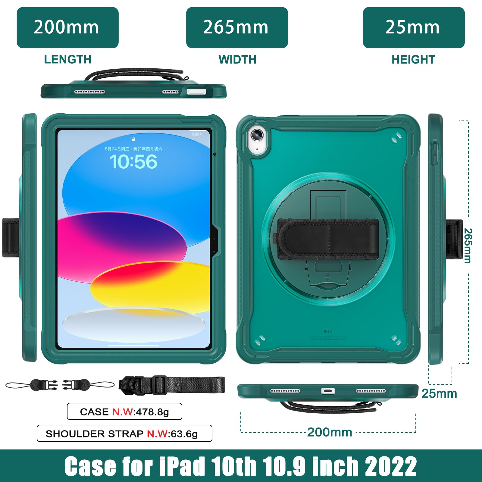 Batianda Case for New iPad 11 2025 A16 Chip/iPad 10th 10.9-inch 2022 Release Heavy Duty Rugged Shockproof Tablet Cover with 360° Rotating Hand Strap Foldable Hidden Stand & Shoulder Strap, Teal
