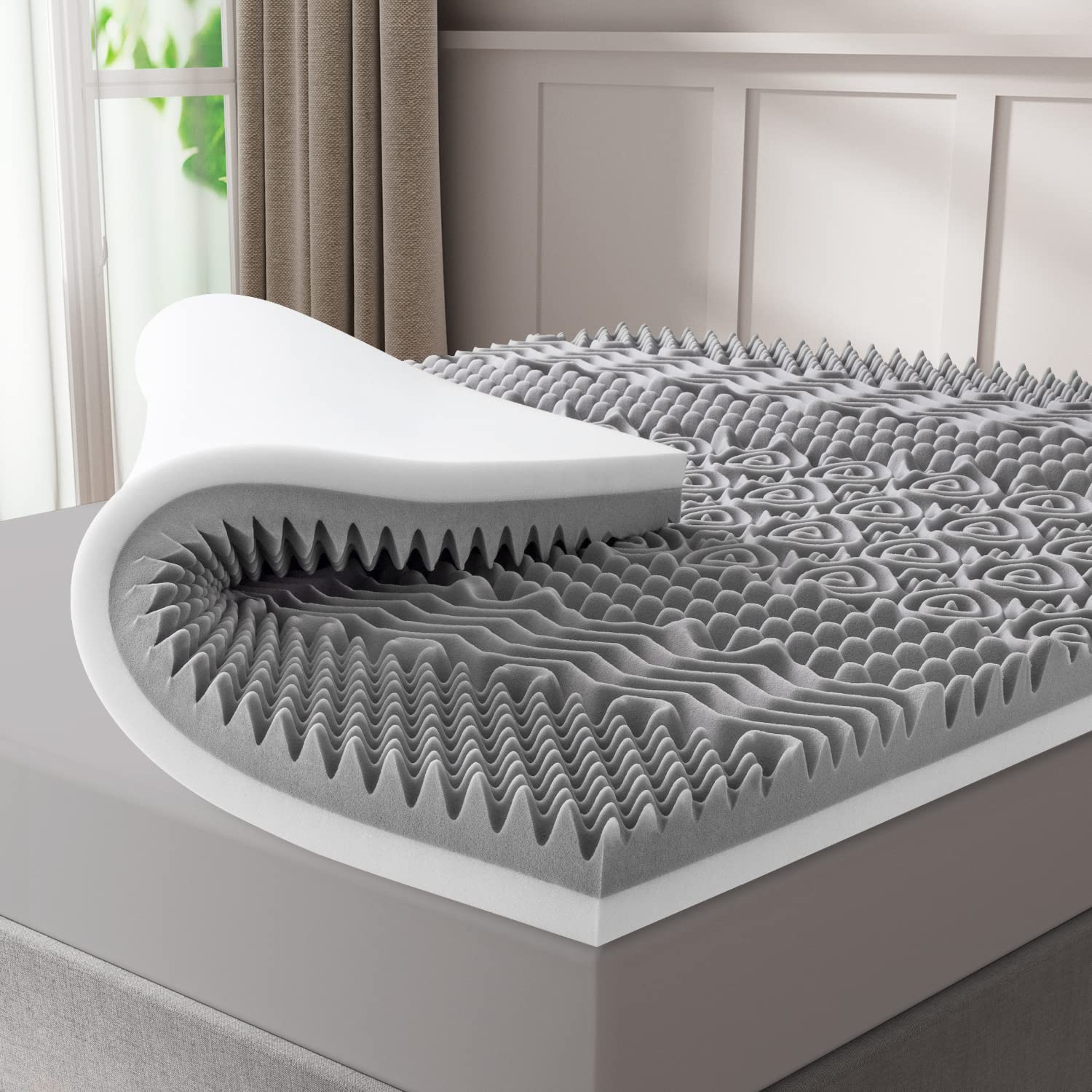 UniPon 4 Inch Egg Crate Memory Foam Mattress Topper, Charcoal Infused Medium Firm Mattress Topper, 7 Zones Foam Bed Topper, CertiPUR-US Certified (Full)