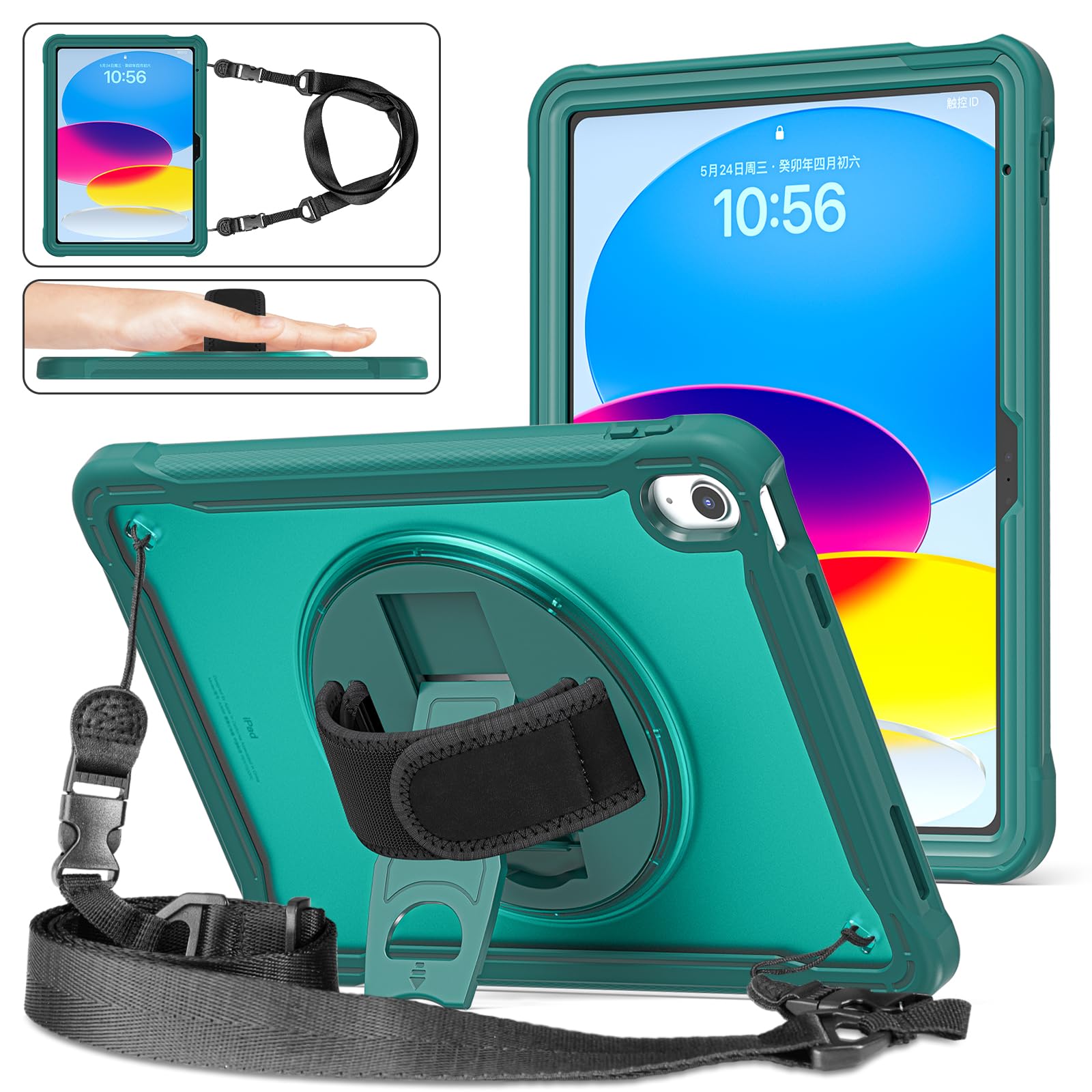 Batianda Case for New iPad 11 2025 A16 Chip/iPad 10th 10.9-inch 2022 Release Heavy Duty Rugged Shockproof Tablet Cover with 360° Rotating Hand Strap Foldable Hidden Stand & Shoulder Strap, Teal