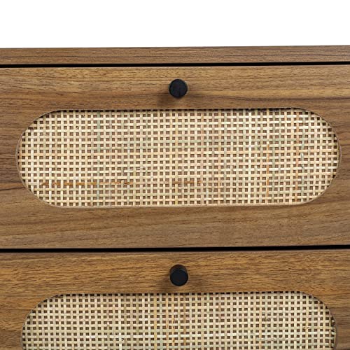 Modern Walnut Nightstand with 2 Drawers Rattan Side Table End Table with Storage Set of 2 Elegant Wood Square Bedside Tables for Bedroom Living Room Small Space(2-Pack)