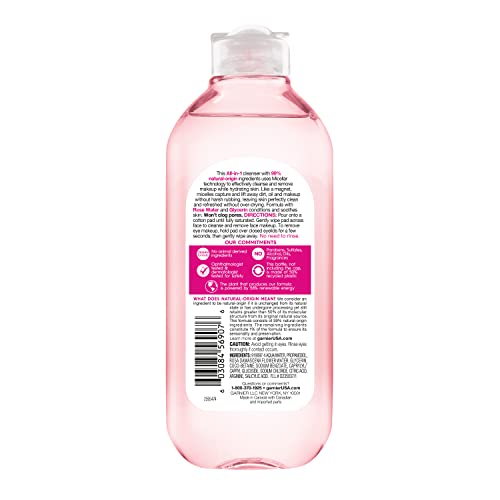 Garnier SkinActive Micellar Water with Rose Water and Glycerin, Facial Cleanser & Makeup Remover, All-in-1 Hydrating, 13.5 fl. oz, 1 count (Packaging May Vary)