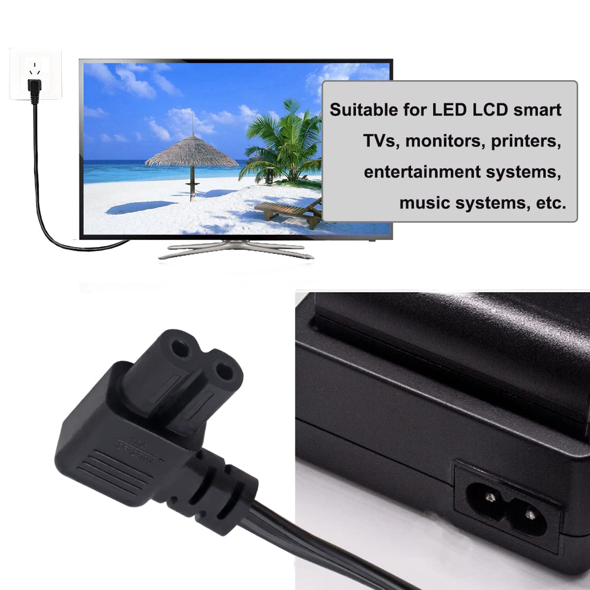 Taiss TV Power Cord, 10ft (3m), 90° Angle 2-pin to L-Shaped Power Cord Replacement, Suitable for AC Power Cords Such As 18AWG LED TVs