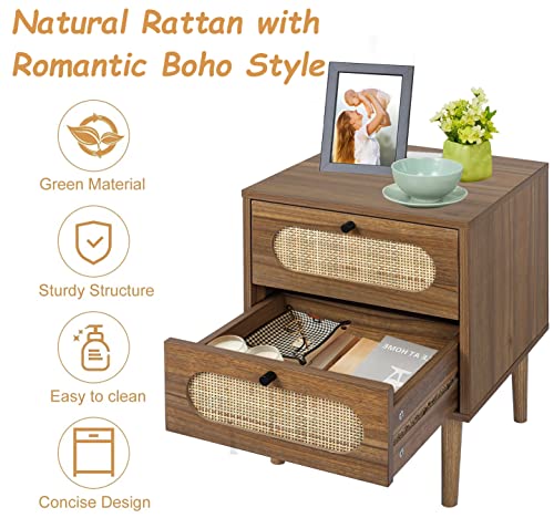 Modern Walnut Nightstand with 2 Drawers Rattan Side Table End Table with Storage Set of 2 Elegant Wood Square Bedside Tables for Bedroom Living Room Small Space(2-Pack)