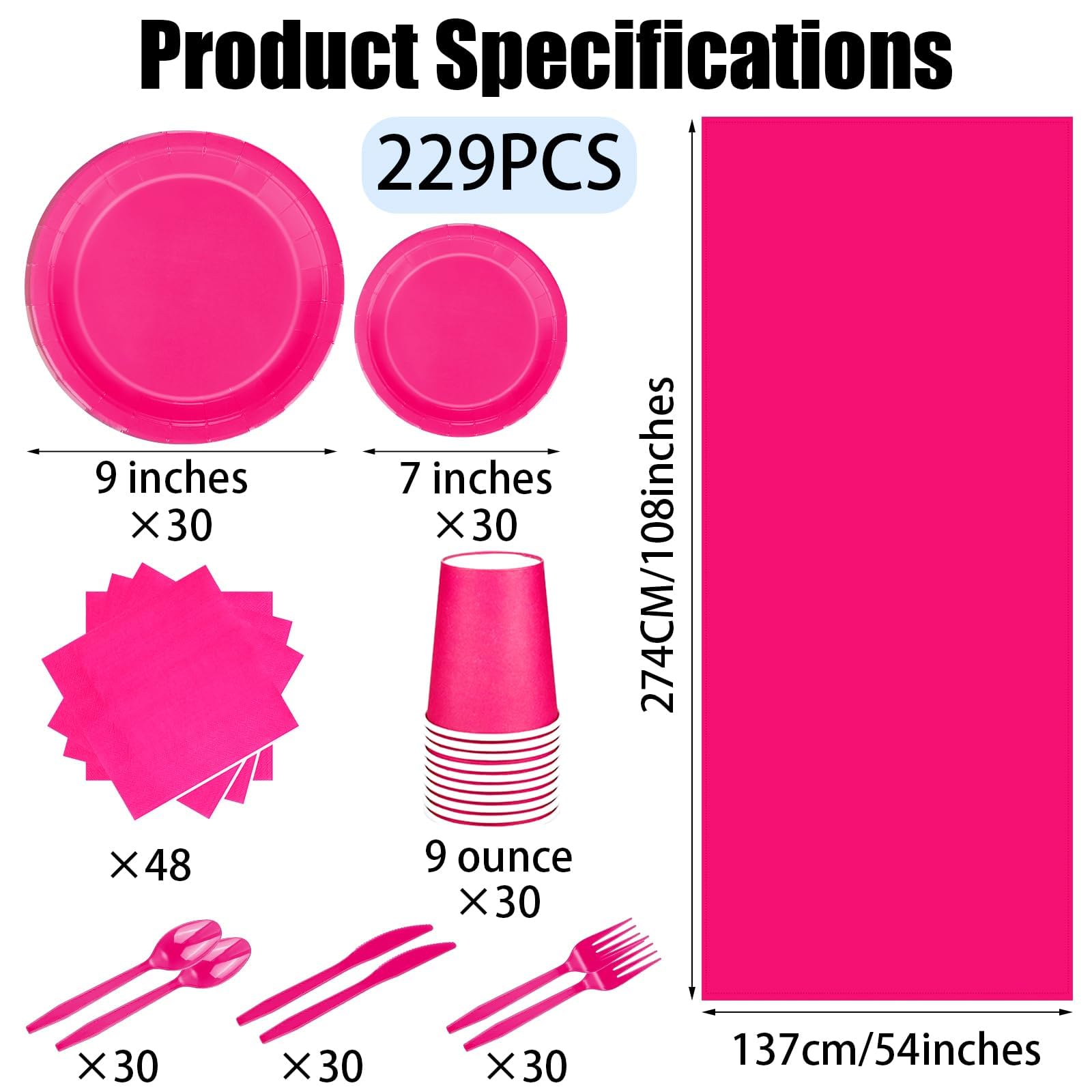 TWOWYHI 229PCS Hot Pink Party Supplies Set - Paper Disposable Plates Cups Plastic Spoons Forks Knives Napkins Serve 30 Guests