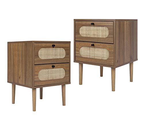 Modern Walnut Nightstand with 2 Drawers Rattan Side Table End Table with Storage Set of 2 Elegant Wood Square Bedside Tables for Bedroom Living Room Small Space(2-Pack)