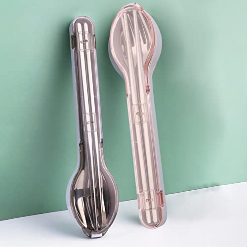 1 Set Cutlery Set Smooth Surface -deform Stainless Steel Portable Fork Spoon Chopsticks with Spoon-shaped Case for Students