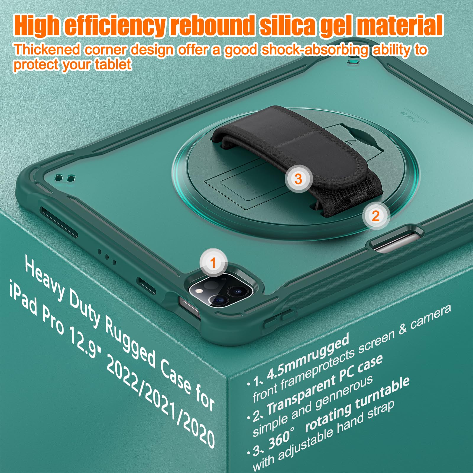 Batianda Case for iPad Pro 12.9-inch 2022 6th M2 /2021 (5rd Generation) / iPad Pro 12.9" 4th/3rd Gen Heavy Duty Rugged Shockproof Tablet Cover with 360° Rotating Hand Strap & Shoulder Strap, Teal