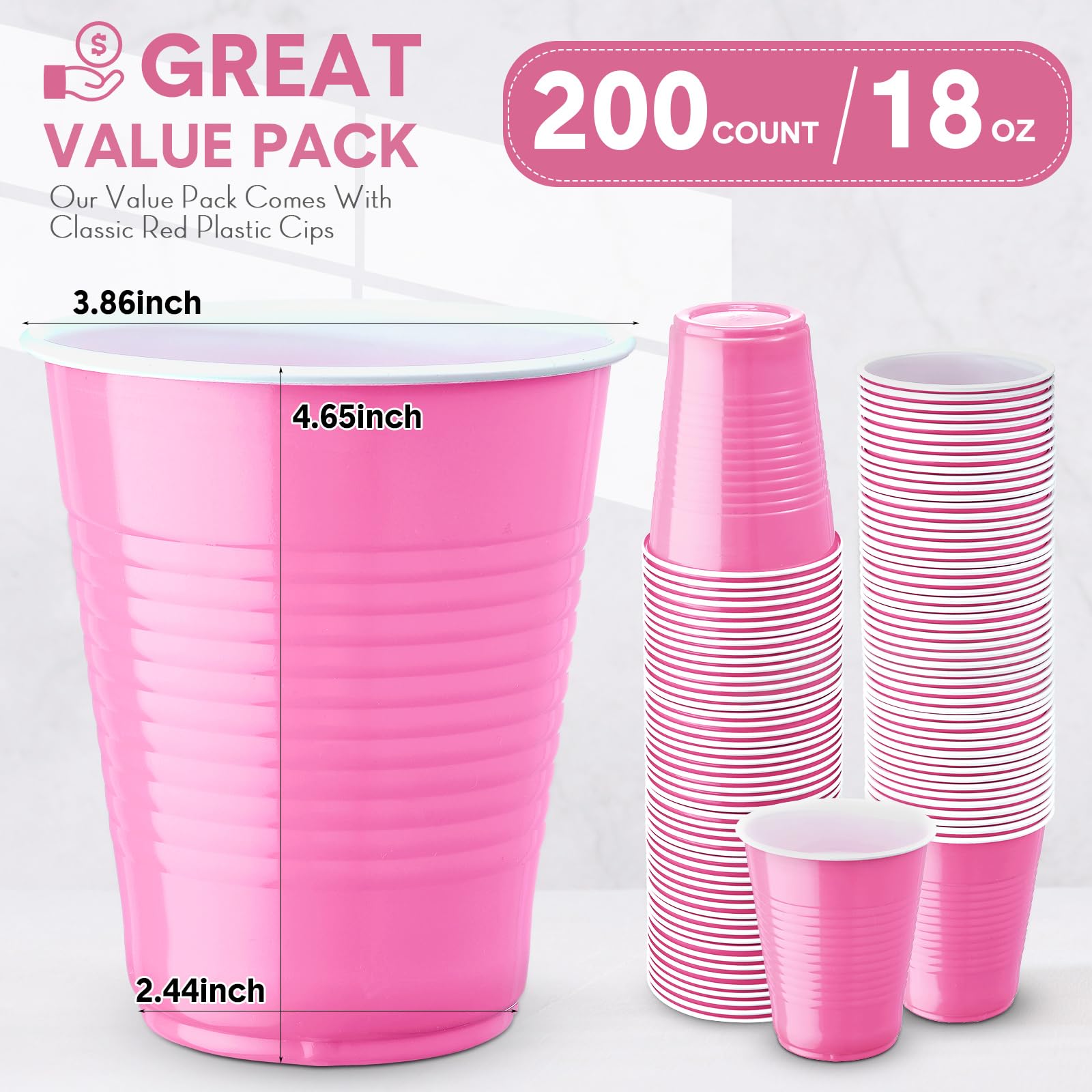 200 Pcs Pink Plastic Cup Bulk 18 oz Disposable Tumblers Large Party Cups Hard Plastic Wine Cups Fancy Beverage Drinking Cups Soda Cup Cocktail Glasses for Wedding Halloween Birthday Christmas Party