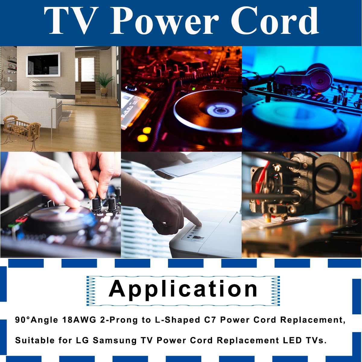 Taiss TV Power Cord, 10ft (3m), 90° Angle 2-pin to L-Shaped Power Cord Replacement, Suitable for AC Power Cords Such As 18AWG LED TVs