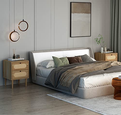 Modern Walnut Nightstand with 2 Drawers Rattan Side Table End Table with Storage Set of 2 Elegant Wood Square Bedside Tables for Bedroom Living Room Small Space(2-Pack)