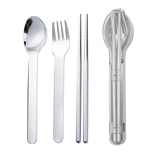 1 Set Cutlery Set Smooth Surface -deform Stainless Steel Portable Fork Spoon Chopsticks with Spoon-shaped Case for Students