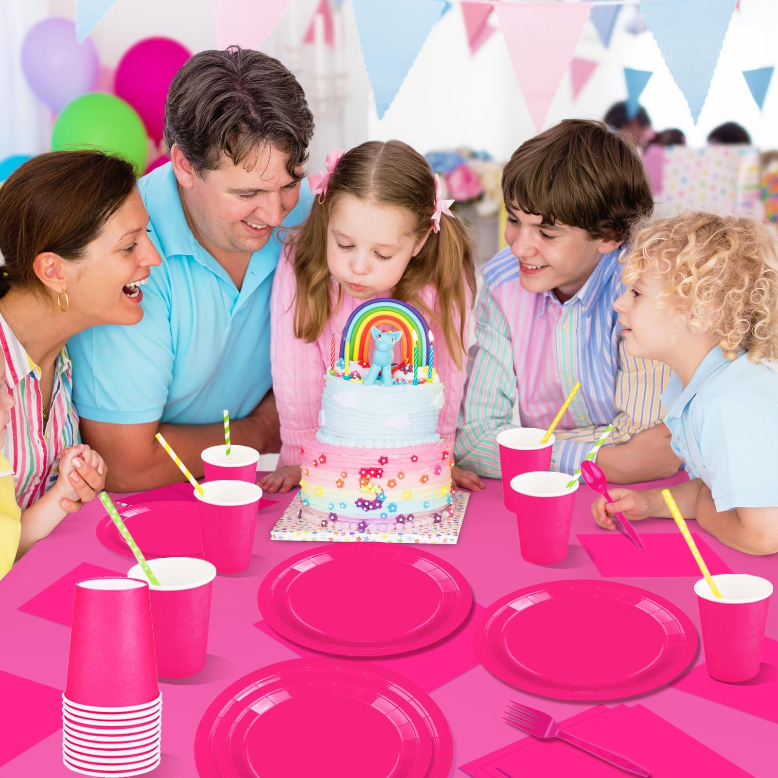 TWOWYHI 229PCS Hot Pink Party Supplies Set - Paper Disposable Plates Cups Plastic Spoons Forks Knives Napkins Serve 30 Guests