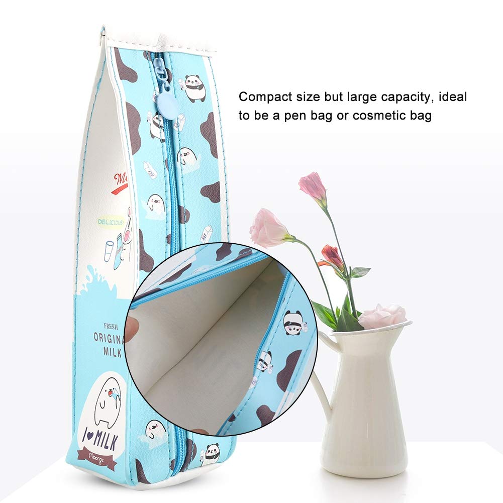 Mumusuki Pencil Bag, 3Colors Cartoon Milk Stationery Bag Waterproof PU Large Capacity Pencil Case Storage Bag(blue)