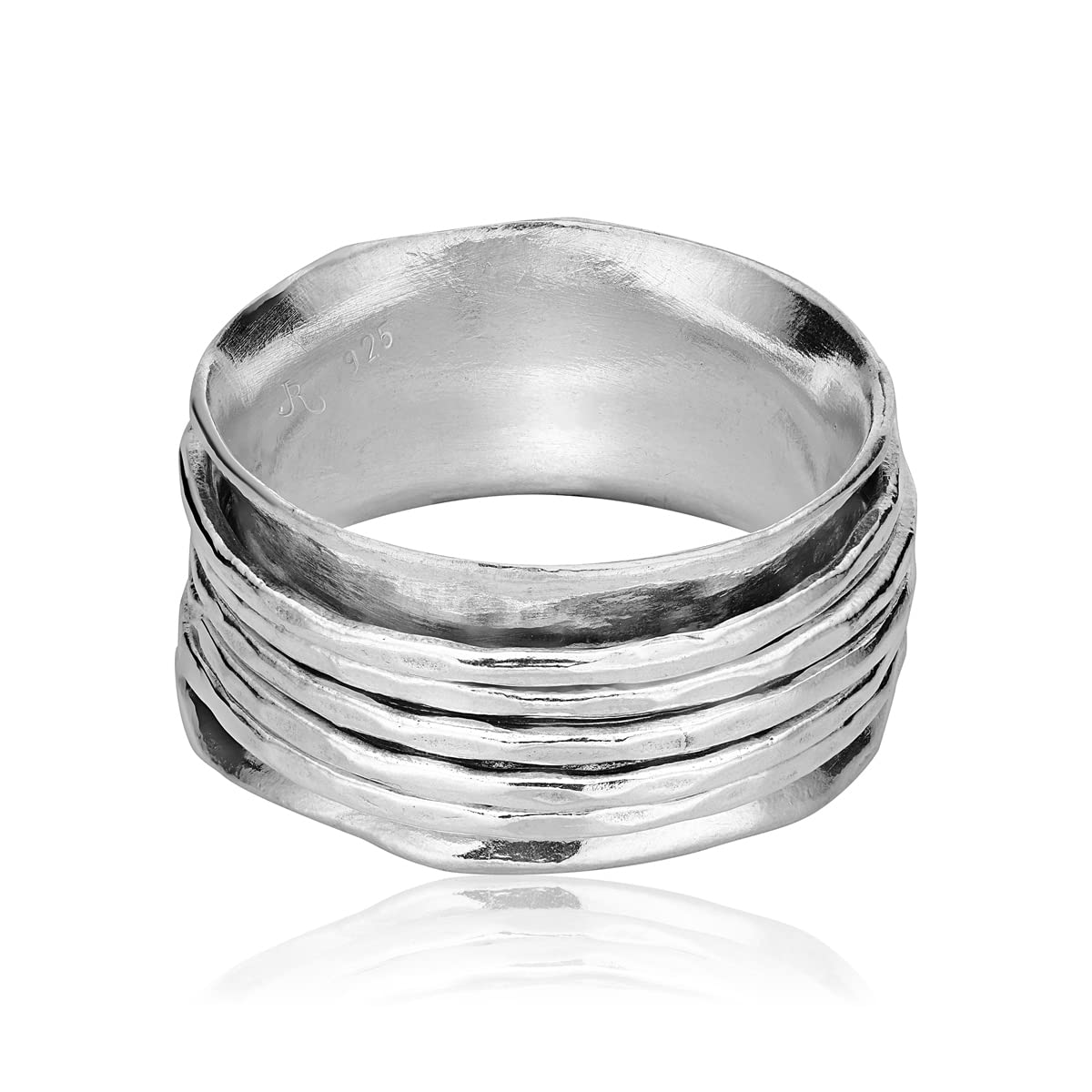 925 Sterling Silver Rotating Spinner Band Ring Wrapped With 5 Hammerd Spinner Rings, Stylish, Hypoallergenic, Nickel & Lead-free, Artisan Handcrafted Designer Collection, Made in Israel