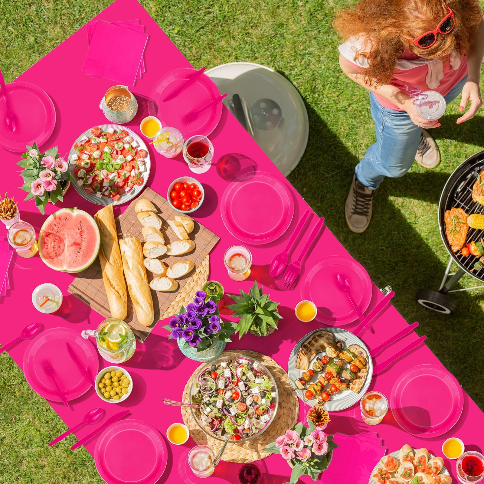 TWOWYHI 229PCS Hot Pink Party Supplies Set - Paper Disposable Plates Cups Plastic Spoons Forks Knives Napkins Serve 30 Guests