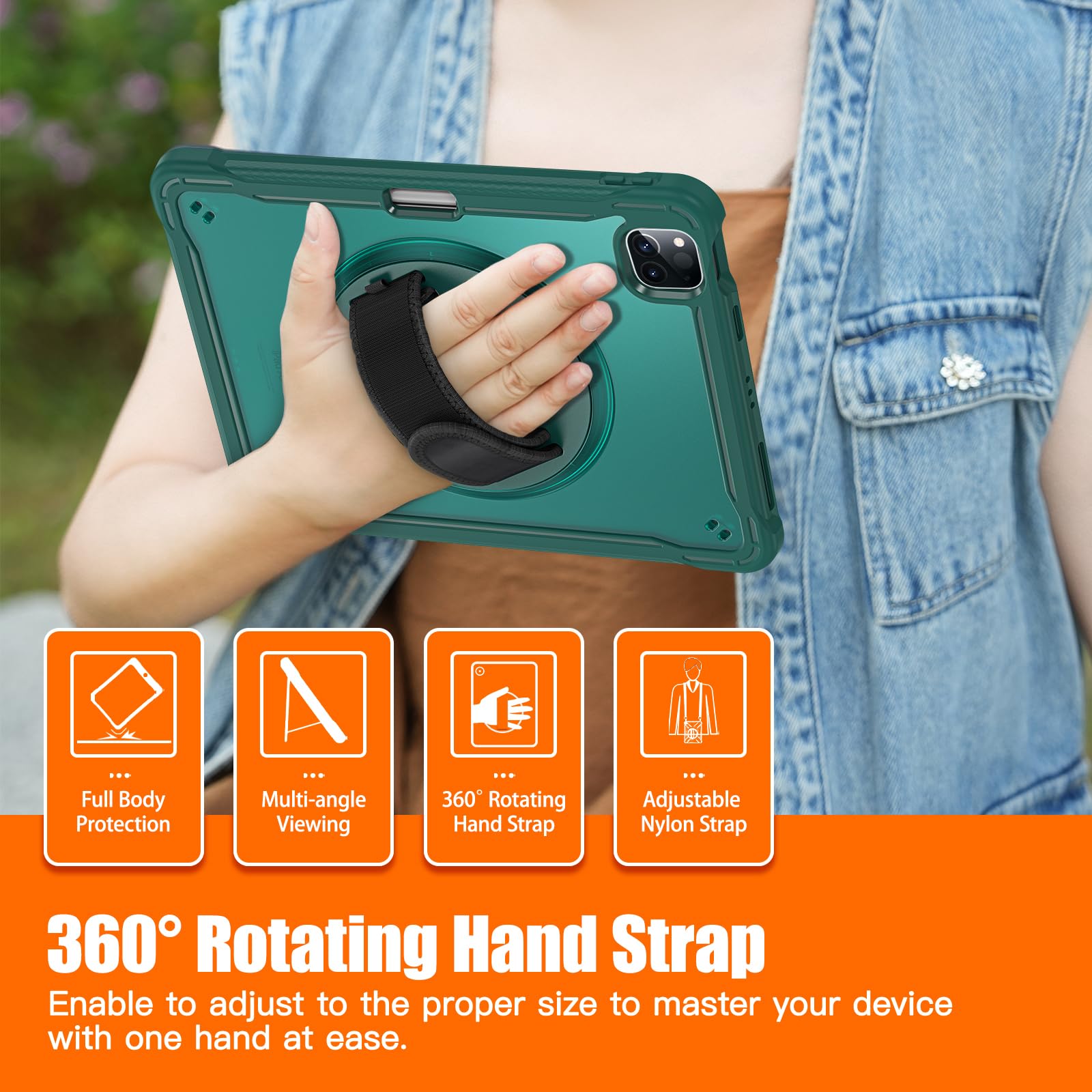 Batianda Case for iPad Pro 12.9-inch 2022 6th M2 /2021 (5rd Generation) / iPad Pro 12.9" 4th/3rd Gen Heavy Duty Rugged Shockproof Tablet Cover with 360° Rotating Hand Strap & Shoulder Strap, Teal