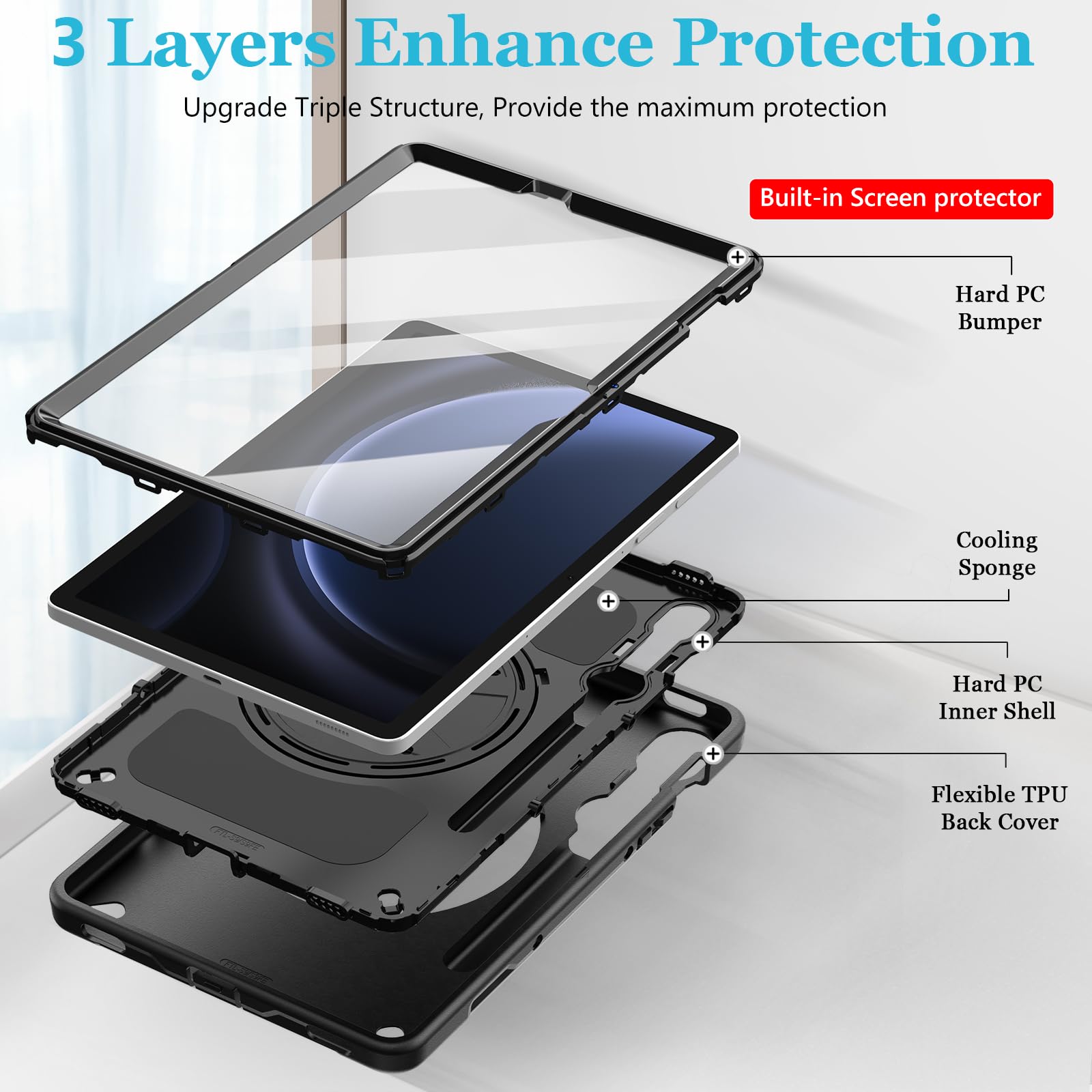 Case for Galaxy Tab S9/S9 FE 5G 2023: TPU Cover for Samstng Tablet S9 11" /S9 FE 10.9" with Screen Protector- Stand- Handle-Shoulder Strap-S-Pen Holder- Black