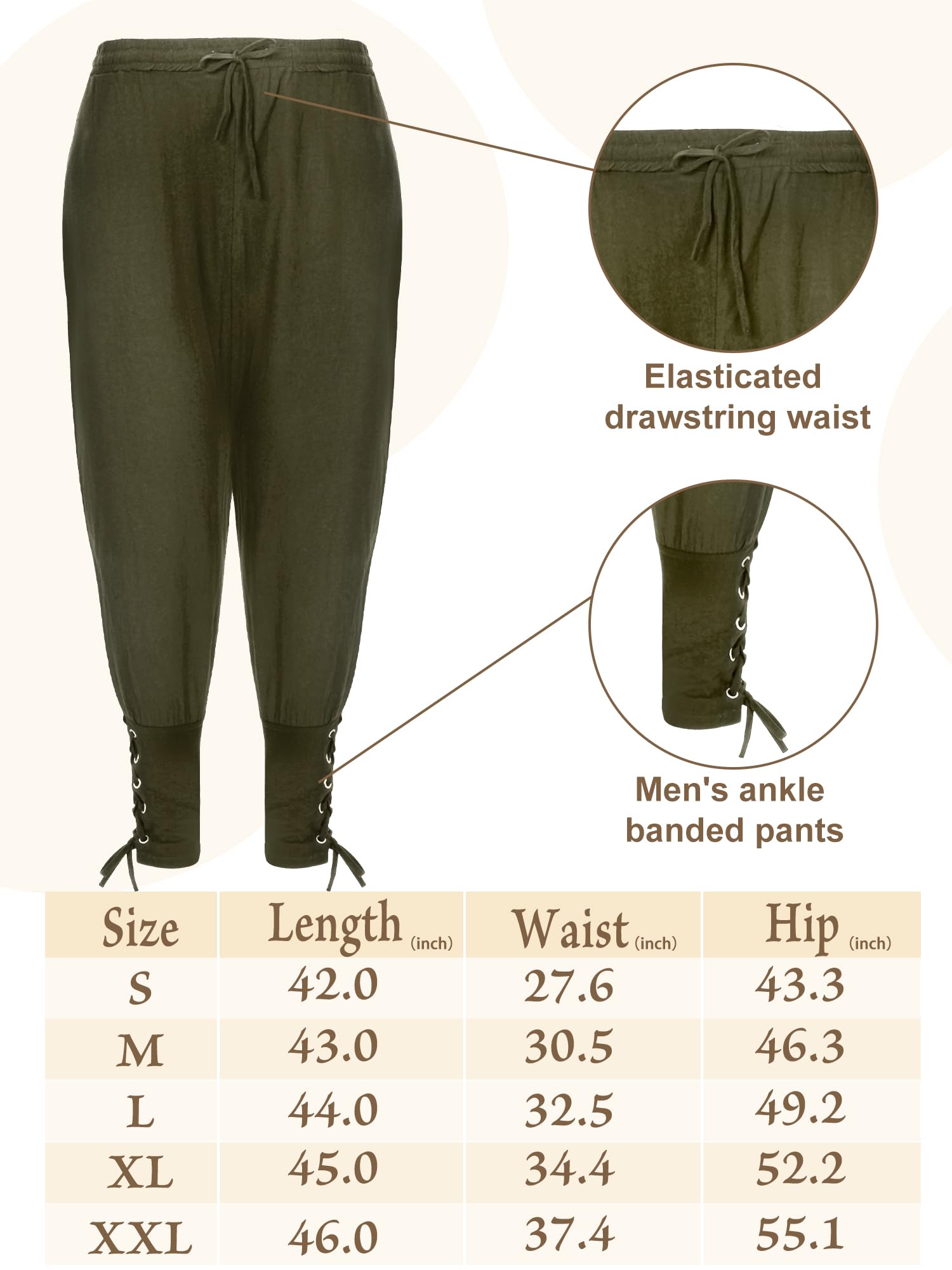 Jiuguva 4 Pcs Halloween Men's Renaissance Costume Set Medieval Pirate Shirt Ankle Banded Pants Viking Belt Accessories (Stylish Color,Small)