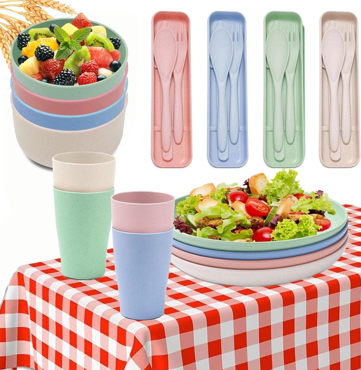 Wheat Straw Dinnerware Sets Service for 4 with Plastic Red & White Checkered Tablecloths, 28PCS Unbreakable Plastic Dinnerware Sets, Kids Plates and Bowls Sets, Lightweight Camping Cutlery Set
