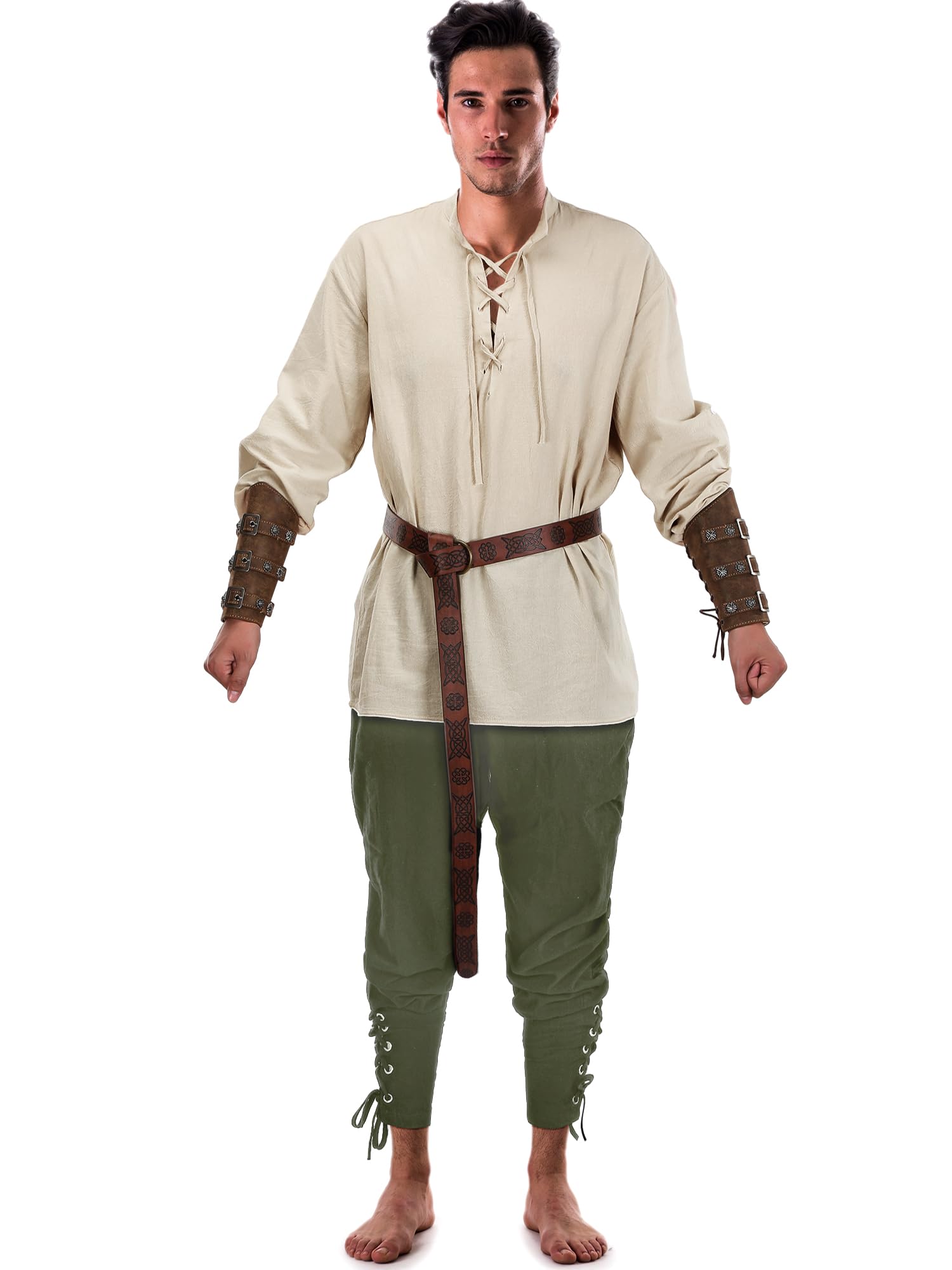 Jiuguva 4 Pcs Halloween Men's Renaissance Costume Set Medieval Pirate Shirt Ankle Banded Pants Viking Belt Accessories (Stylish Color,Small)
