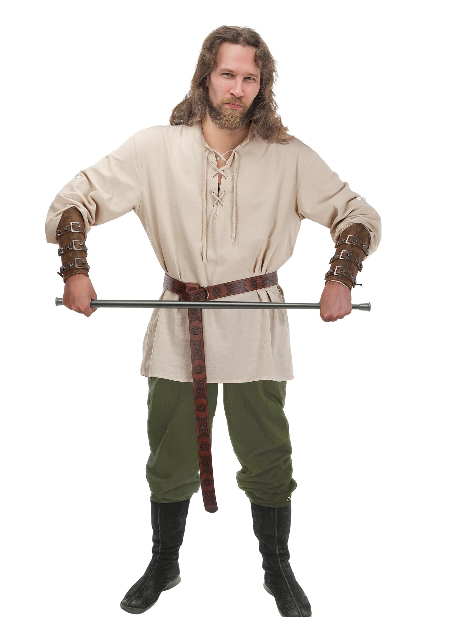 Jiuguva 4 Pcs Halloween Men's Renaissance Costume Set Medieval Pirate Shirt Ankle Banded Pants Viking Belt Accessories (Stylish Color,Small)