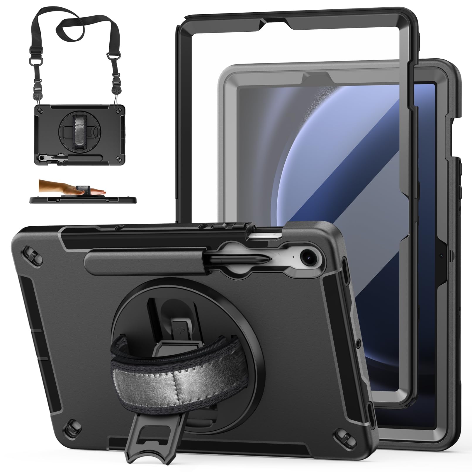 Case for Galaxy Tab S9/S9 FE 5G 2023: TPU Cover for Samstng Tablet S9 11" /S9 FE 10.9" with Screen Protector- Stand- Handle-Shoulder Strap-S-Pen Holder- Black