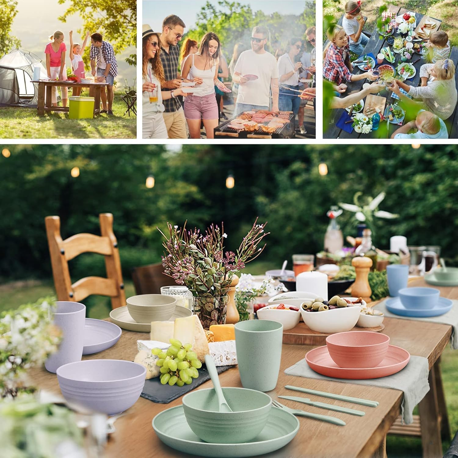 Wheat Straw Dinnerware Sets Service for 4 with Plastic Red & White Checkered Tablecloths, 28PCS Unbreakable Plastic Dinnerware Sets, Kids Plates and Bowls Sets, Lightweight Camping Cutlery Set