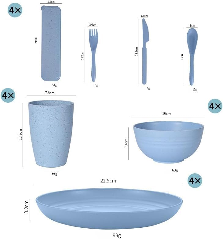 Wheat Straw Dinnerware Sets Service for 4 with Plastic Red & White Checkered Tablecloths, 28PCS Unbreakable Plastic Dinnerware Sets, Kids Plates and Bowls Sets, Lightweight Camping Cutlery Set