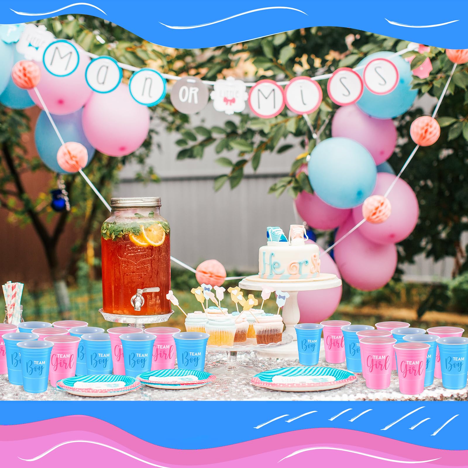 Norme 30 Pcs Gender Reveal Plastic Cups Team Boy Team Girl Disposable Blue Pink Plastic Cups Gender Reveal Party Supplies for Beverage Drink Tableware(16 oz)